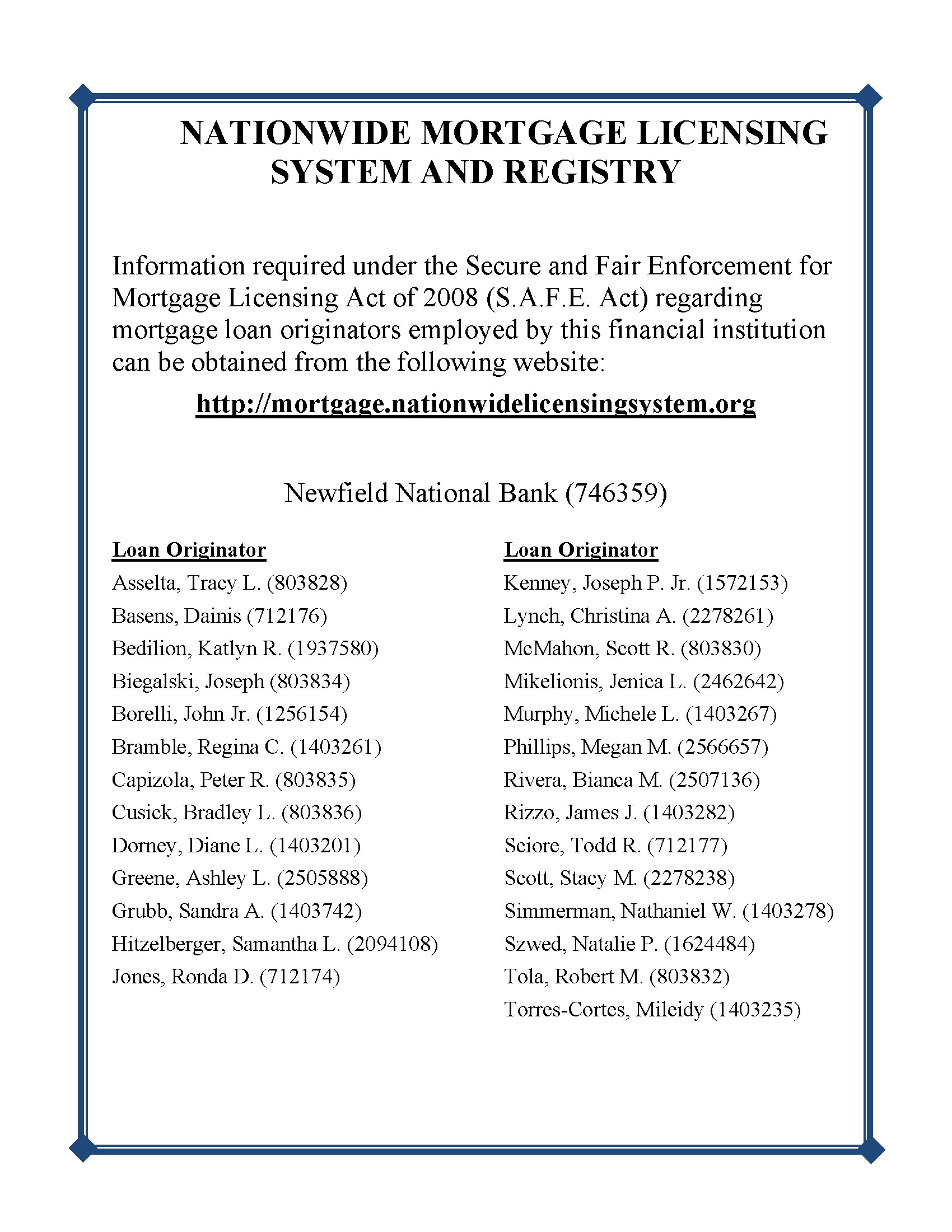NMLS Numbers - Newfield National Bank