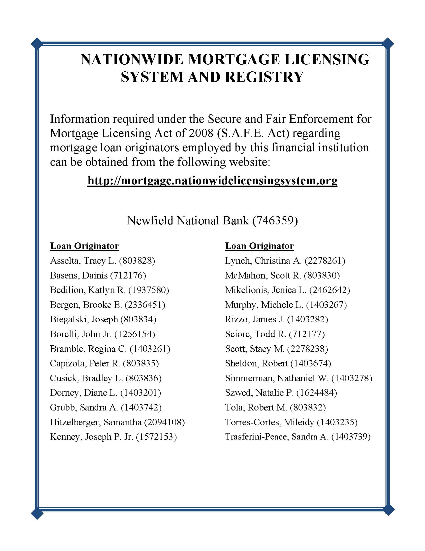 NMLS Numbers - Newfield National Bank